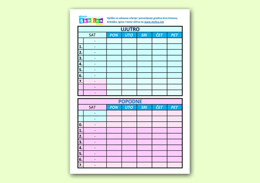 Raspored sati u excelu i u pdf-u za ispis - preuzimanje